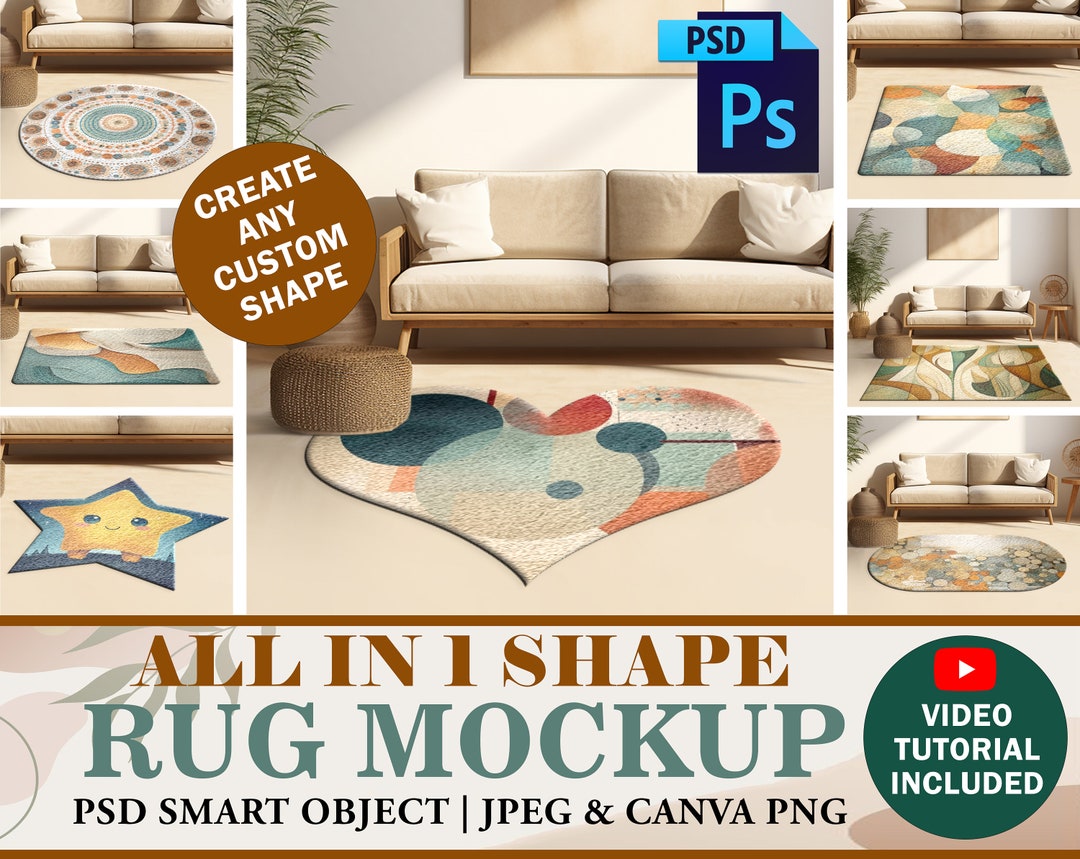 All in 1 Shape Rug Mockup | Room Carpet Mockup | Living Room Custom Rug ...
