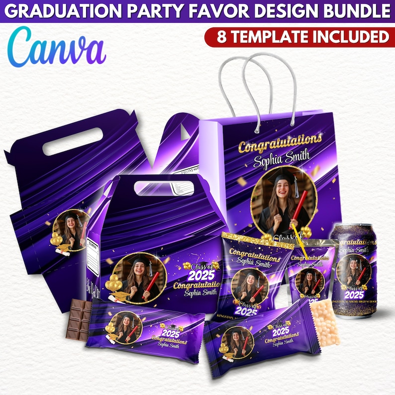 8X Graduation Party Favor Template Bundle, Violet Canva Editable ...