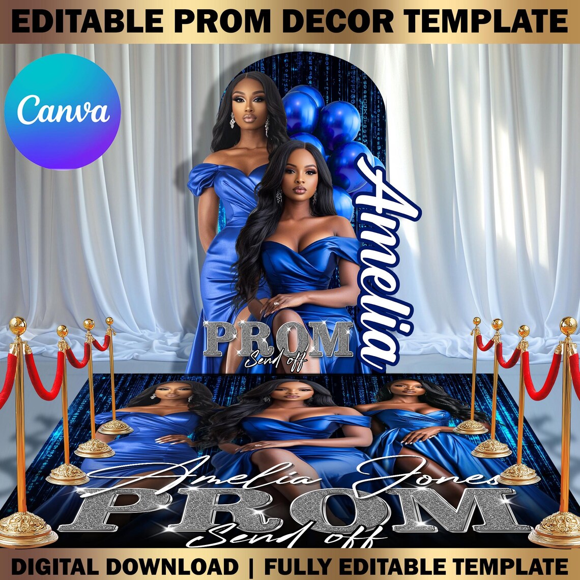 Custom Prom Decor Canva Template Bundle, Name Cutout, Blue & Silver ...