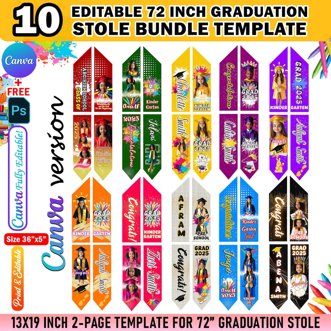 10X Canva+ PSD Kids Graduation Stole Template Design Bundle for ...
