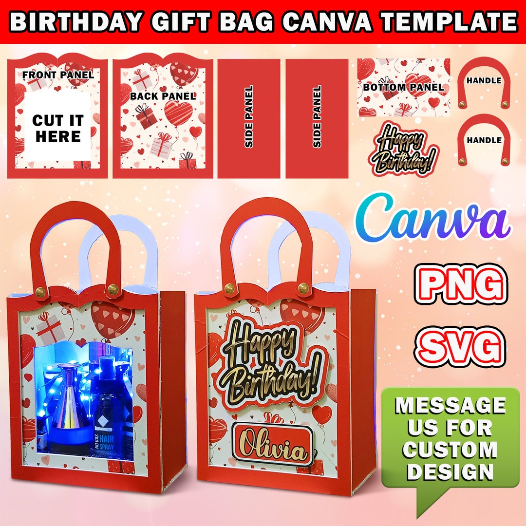 Birthday Gift Bag Design SVG, Canva Template, Birthday Favor Bag Gift ...