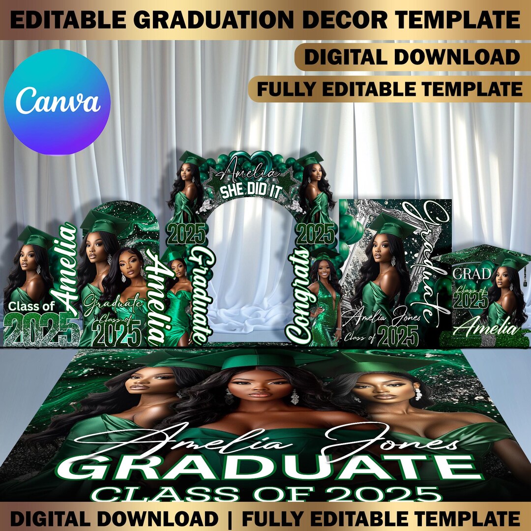 Custom Graduation Decor Canva Template Bundle, Name Cutout, Green ...