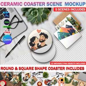 PSD 5X Custom Coaster Mockup Scene, Round and Square Coaster Template ...