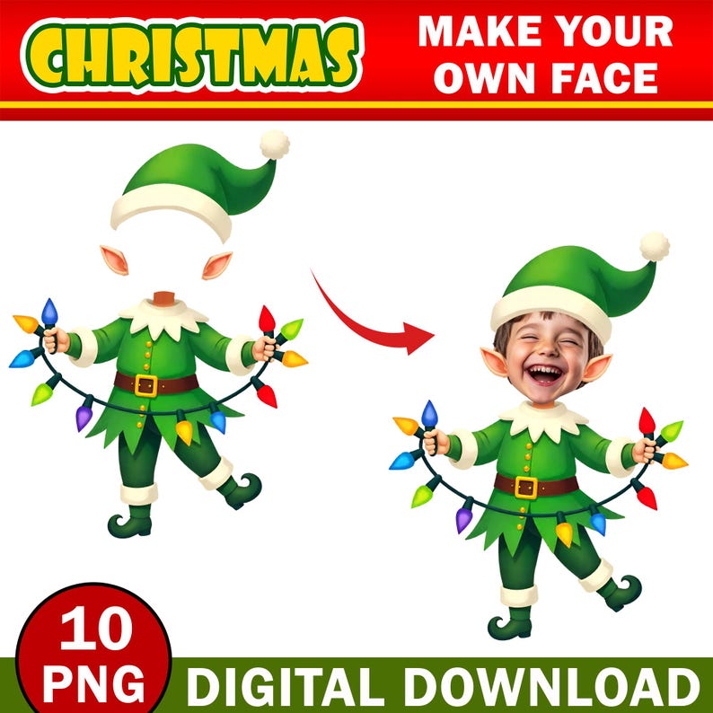 10x Christmas Add Your Own Photo Face, DIY Elf Yourself PNG Bundle, Elf ...