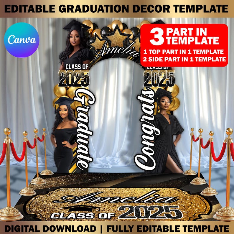 Custom Graduation Decor Canva Template Bundle, Name Cutout, Black Grad ...
