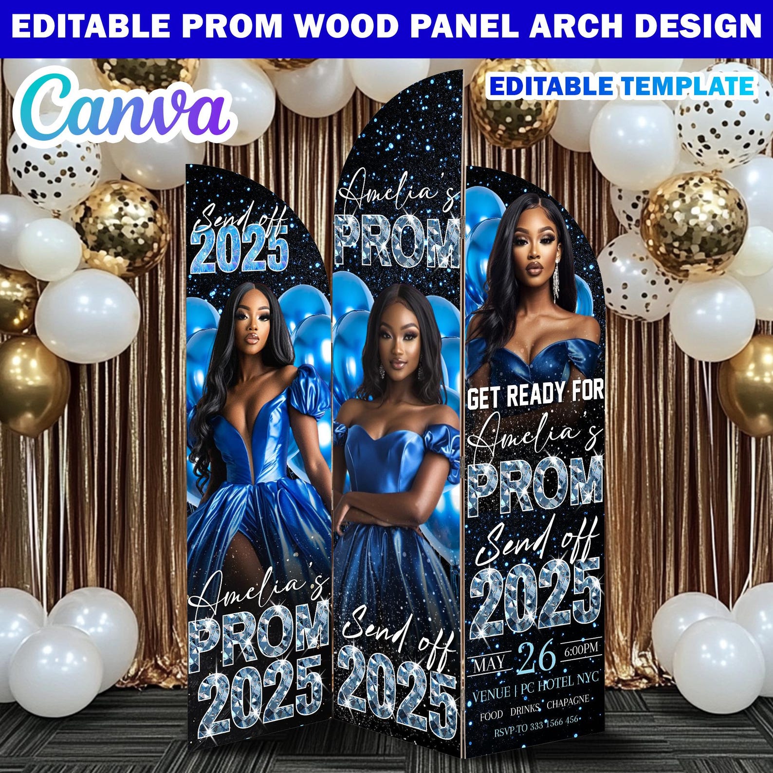 Prom Wooden Arch Panel Design Canva Backdrop Template, Editable Blue ...