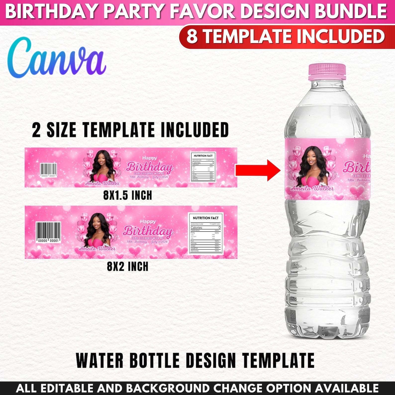 8X Birthday Party Favor Template Bundle, Pink Canva Editable Graduation ...