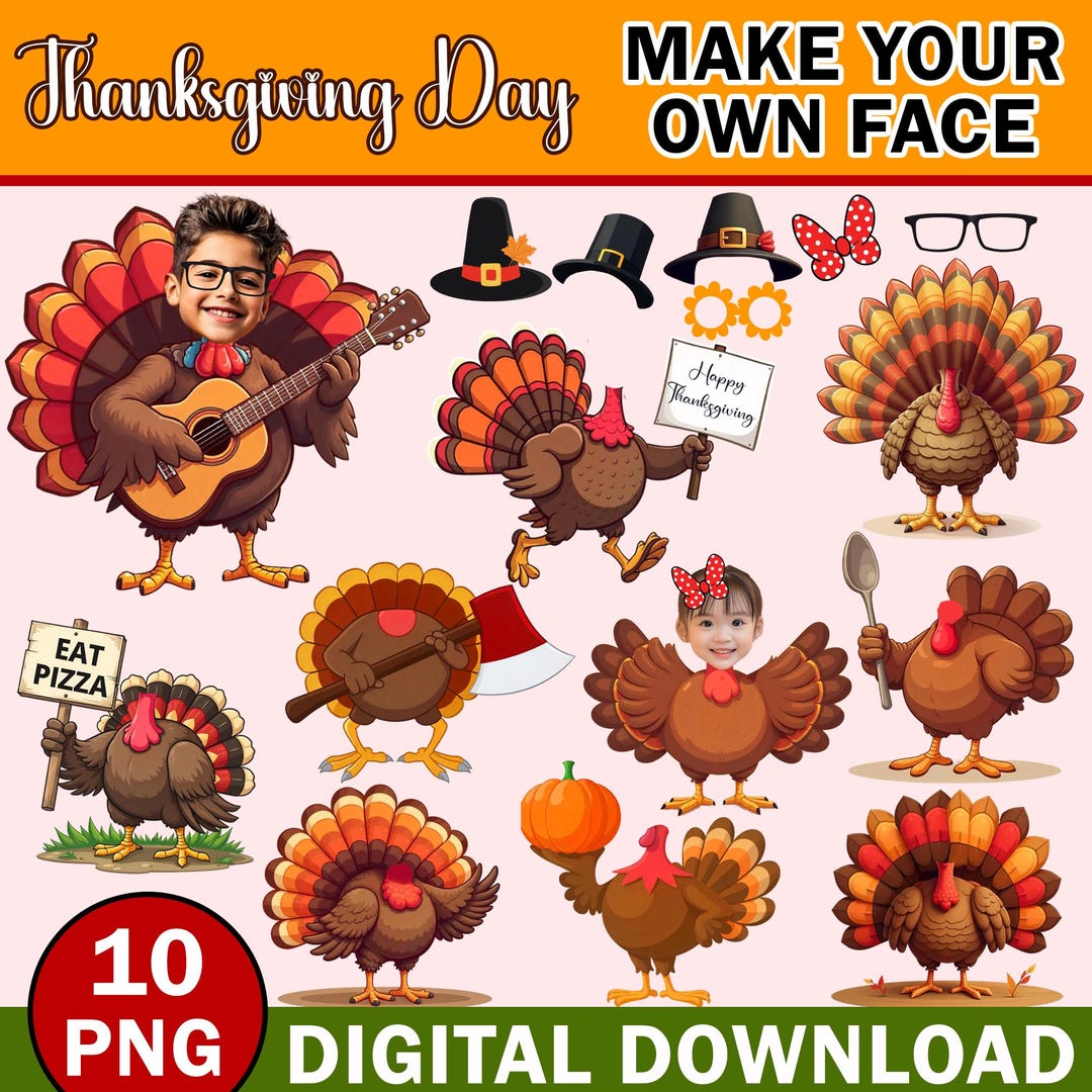 10x Thanksgiving Add Your Own Face, DIY Turkey Yourself PNG Bundle ...