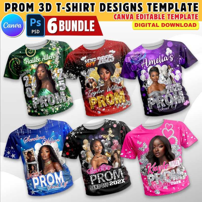6x Viral Prom 3D Shirt Design Bundle, Prom T-shirt Design Canva, PSD ...