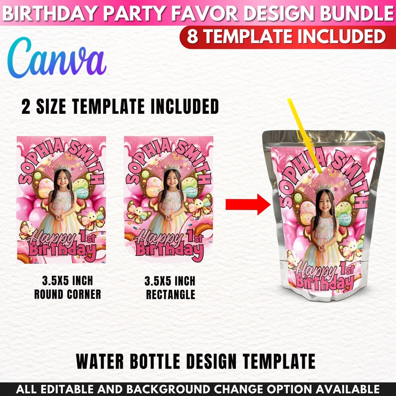 8X Birthday Party Favor Template Bundle, Pink Theme Canva Editable ...