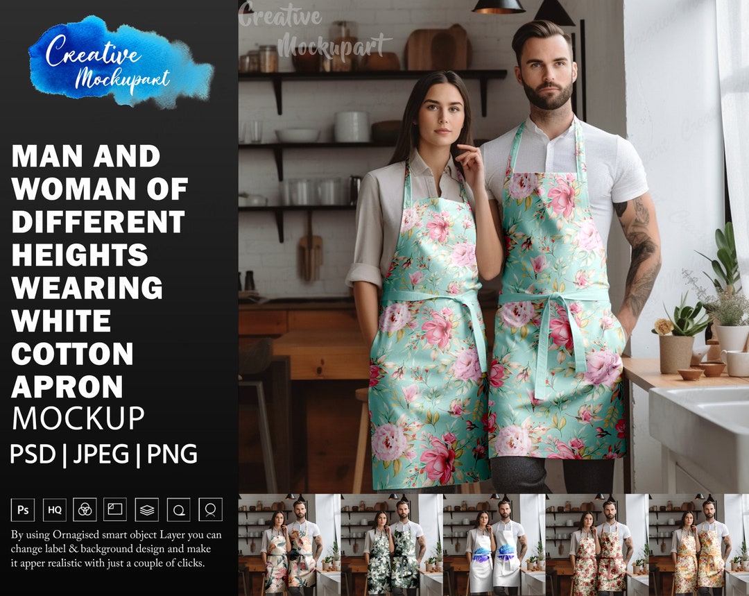 Man & Woman Wearing Cotton Apron Mockup | Kitchen Chef Apron Pair ...