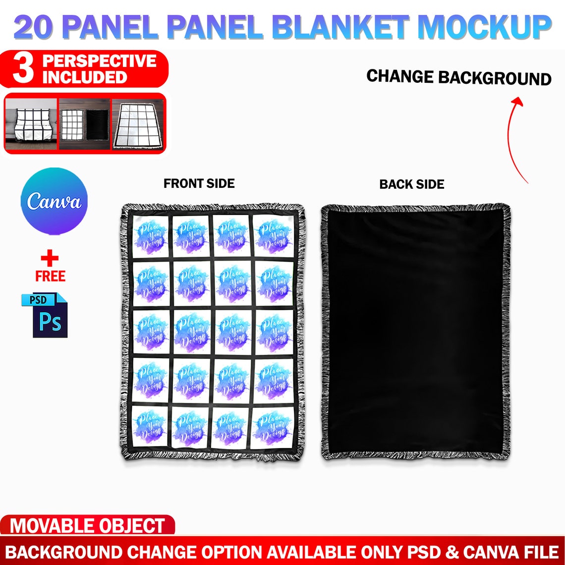 Canva 20 Panel Blanket Mockup With Fringe Edges for Sublimation, 3 ...