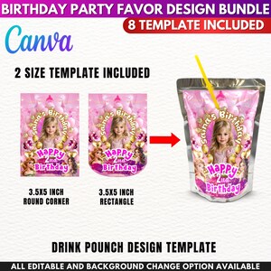 8X Birthday Party Favor Template Bundle, Pink Canva Editable Birthday ...