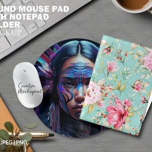 Round Canva Frame Mouse Pad & Notepad Holder Mockup Set Template Drag ...