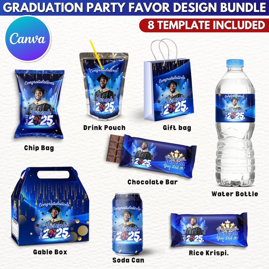 8X Graduation Party Favor Template Bundle, Blue Canva Editable ...