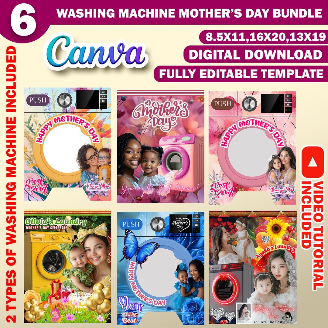 6x Mother's Day Washing Machine Gift Box Canva Template Bundle, Foam ...