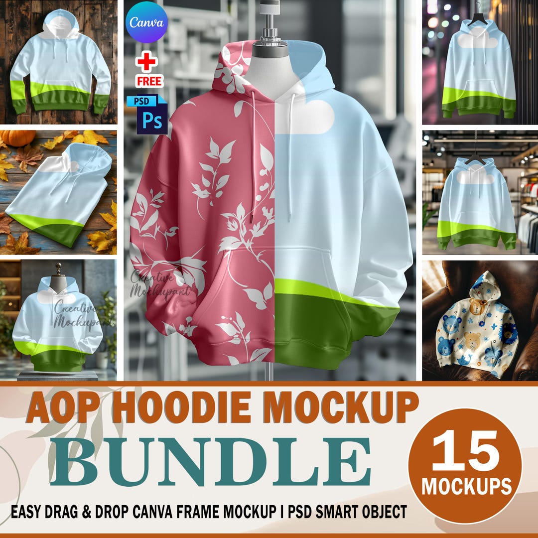15+ Canva + PSD AOP Hoodie Mockup Bundle, Hoodie All Over Print Mockup ...