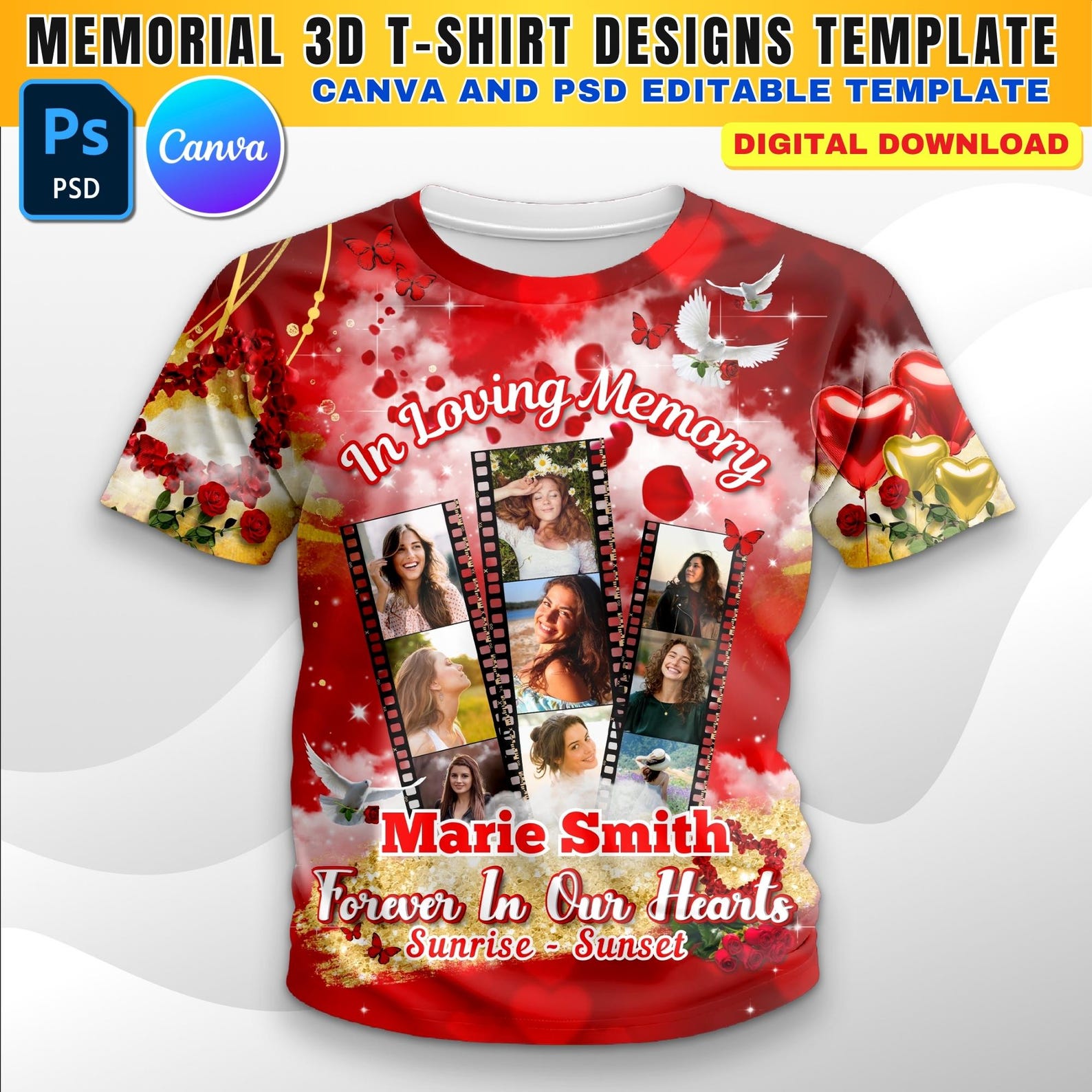 In Loving Memory 3D All Over T-shirt Design, Memorial Red T-shirt ...