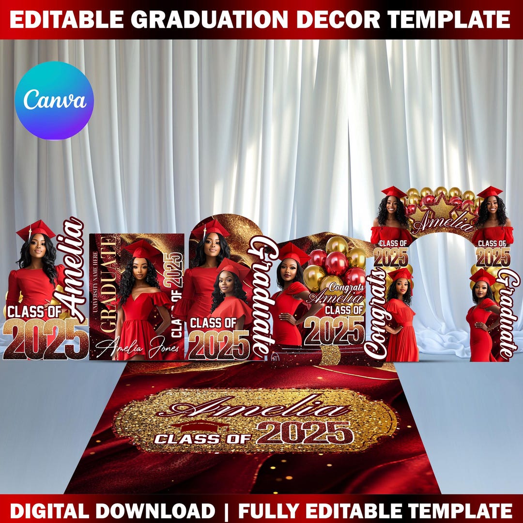 Custom Graduation Decor Canva Template Bundle, Name Cutout, Red Grad ...