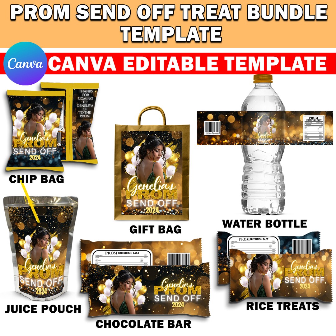 Prom Packaging Template Bundle, Yellow & Gold Prom Send off Treats ...