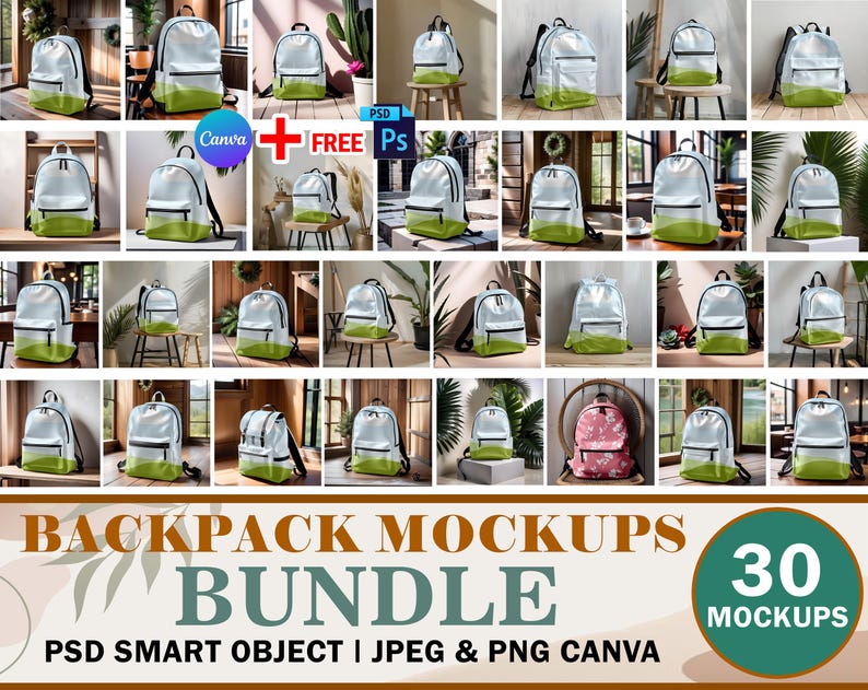 30x Canva Dye Sublimation AOP Backpack Mockup Bundle, AOP Backpack for ...