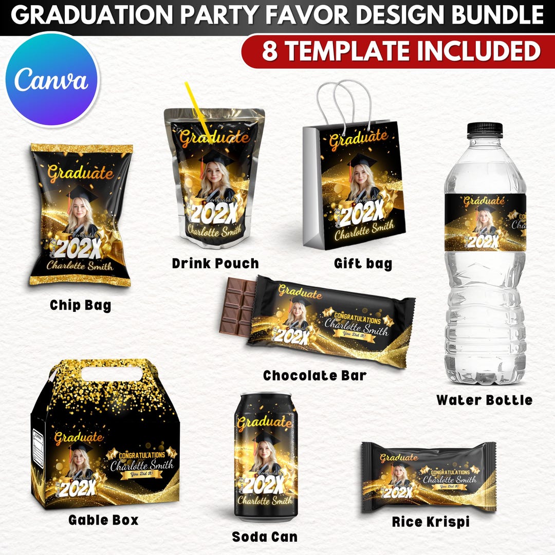 8X Graduation Party Favor Template Bundle, Gold and Black Canva ...