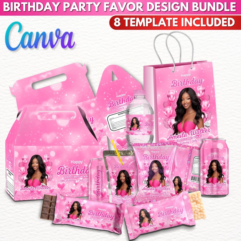 8X Birthday Party Favor Template Bundle, Pink Canva Editable Graduation ...