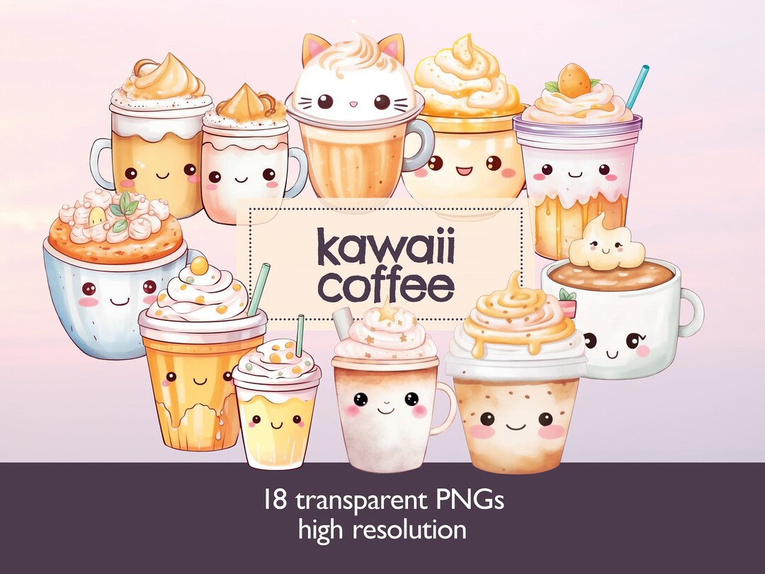 Kawaii Coffee Watercolor Clip Art Cute Cafe Togo or in Cups Clip Art ...