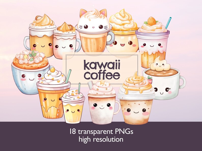 Kawaii Coffee Watercolor Clip Art Cute Cafe Togo or in Cups - Etsy