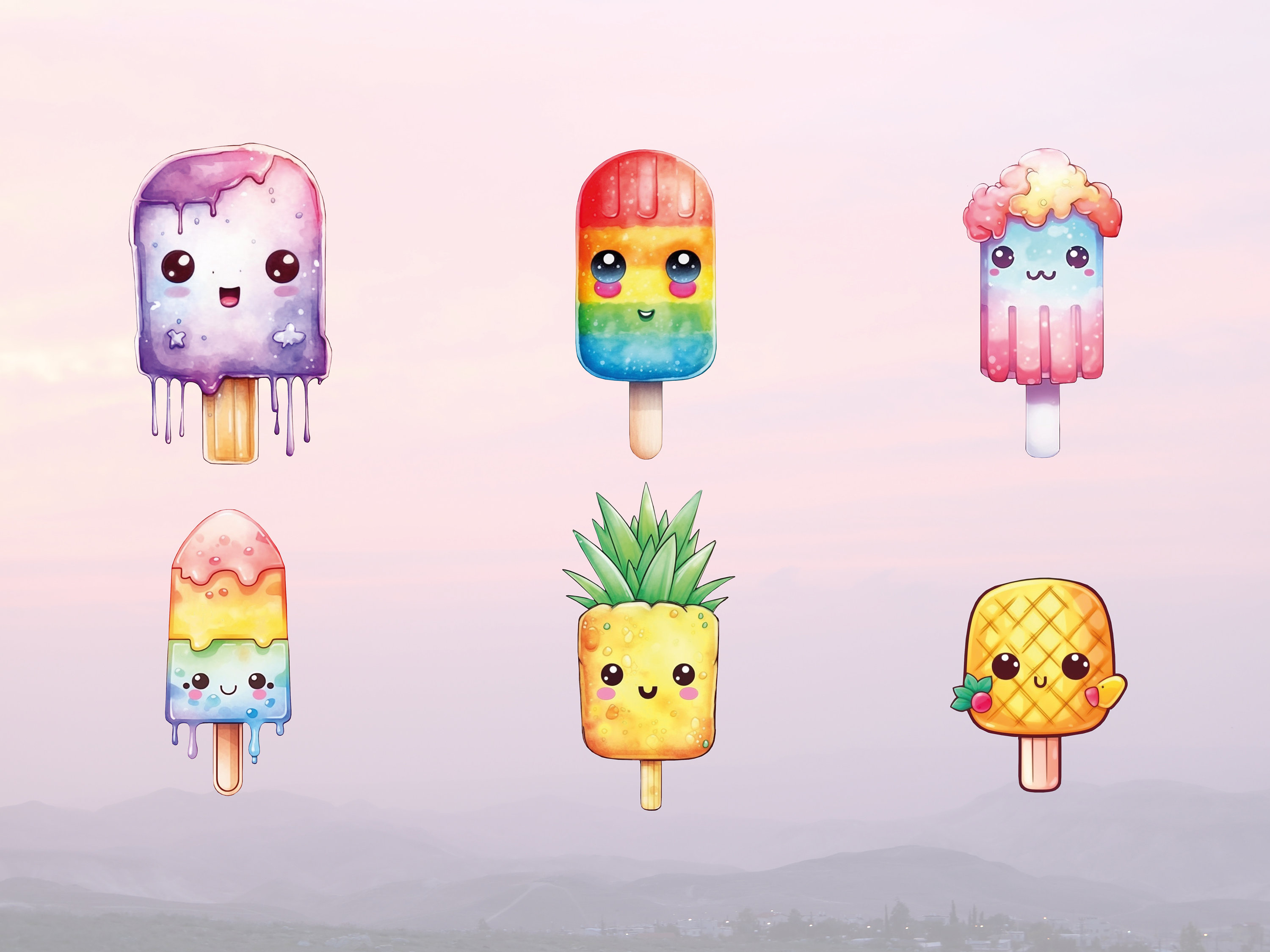 Kawaii Popsicle Watercolor Clip Art – Cute Colorful Ice Pops Sticker ...