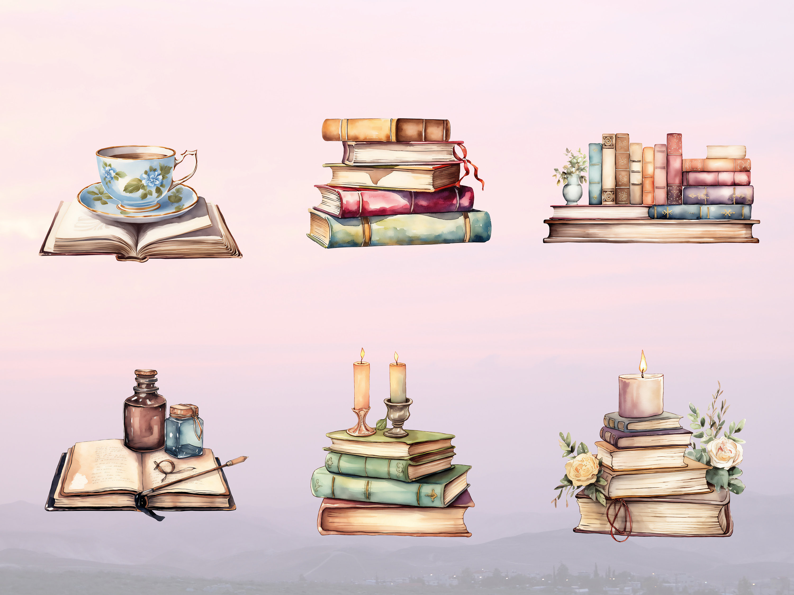 Vintage Books Watercolor Clip Art – Cozy Reader Sticker – Old Novels ...