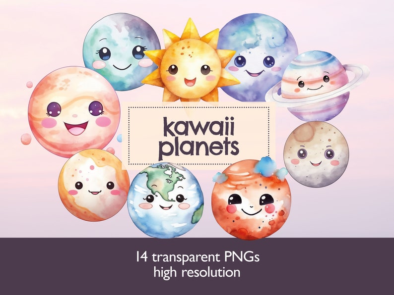 Kawaii Planets Watercolor Clip Art – Cute Solar System Clip Art ...