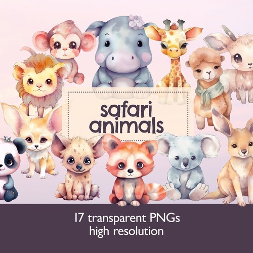 Watercolor Safari Animals Clipart PNG Baby Safari Animals: - Etsy