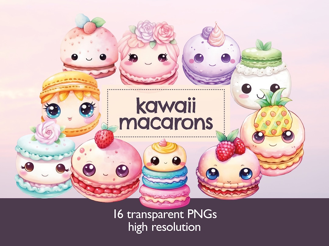Kawaii Macaron Watercolor Clip Art – Cute Colorful Macaroon Clip Art ...