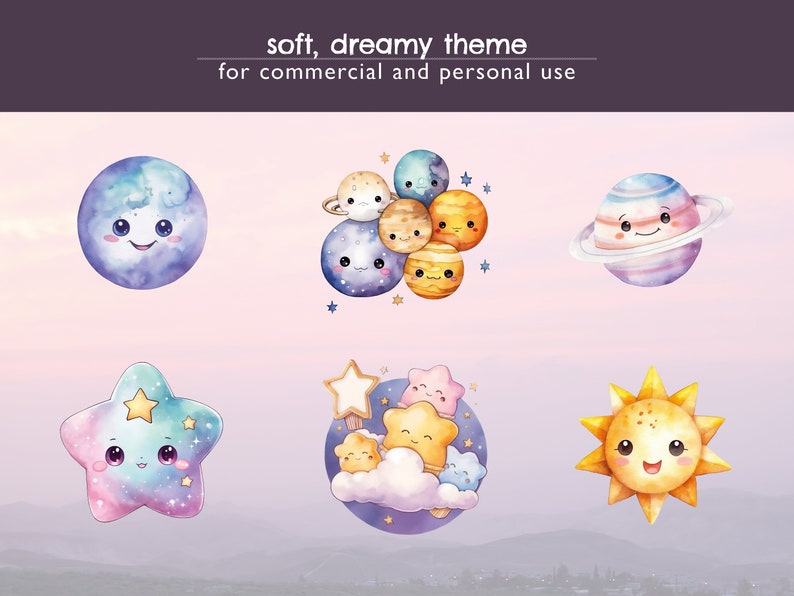 Kawaii Planets Watercolor Clip Art Cute Solar System Clip Art ...