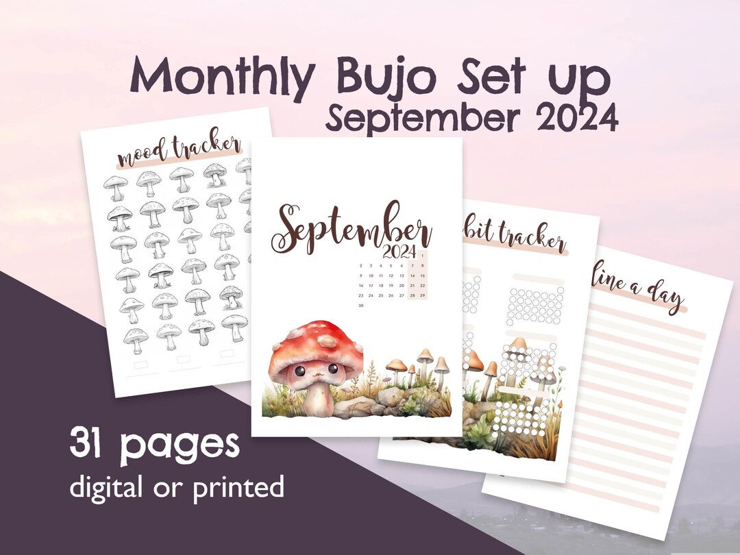 September 2024 Bullet Journal 31 A5 Page Template Mushroom Bujo Spread ...