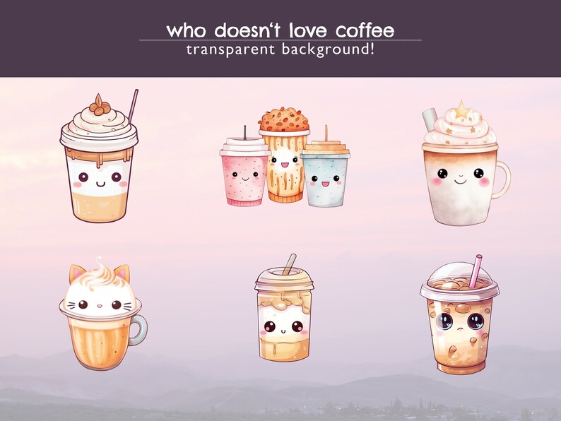Kawaii Coffee Watercolor Clip Art Cute Cafe Togo or in Cups - Etsy