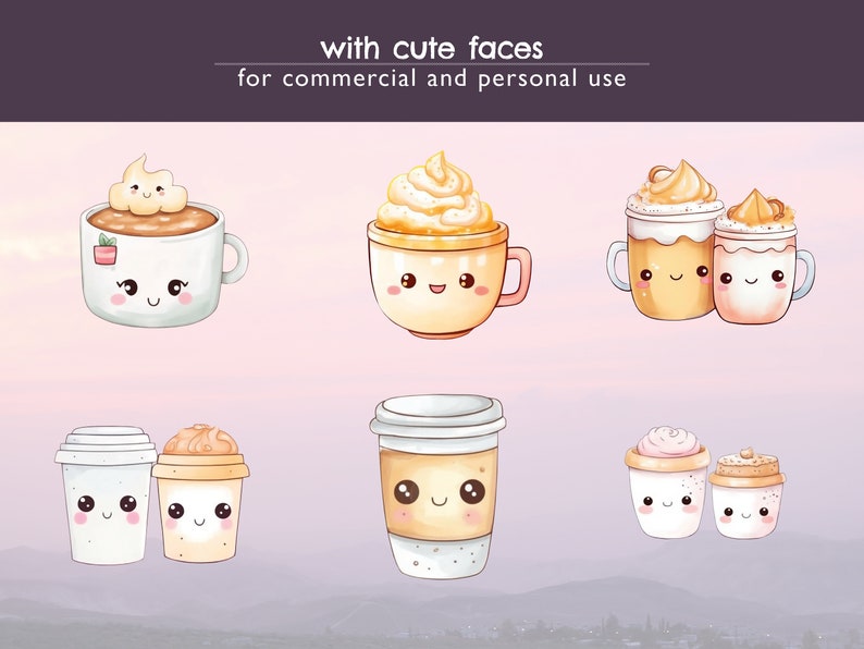 Kawaii Coffee Watercolor Clip Art Cute Cafe Togo or in Cups - Etsy