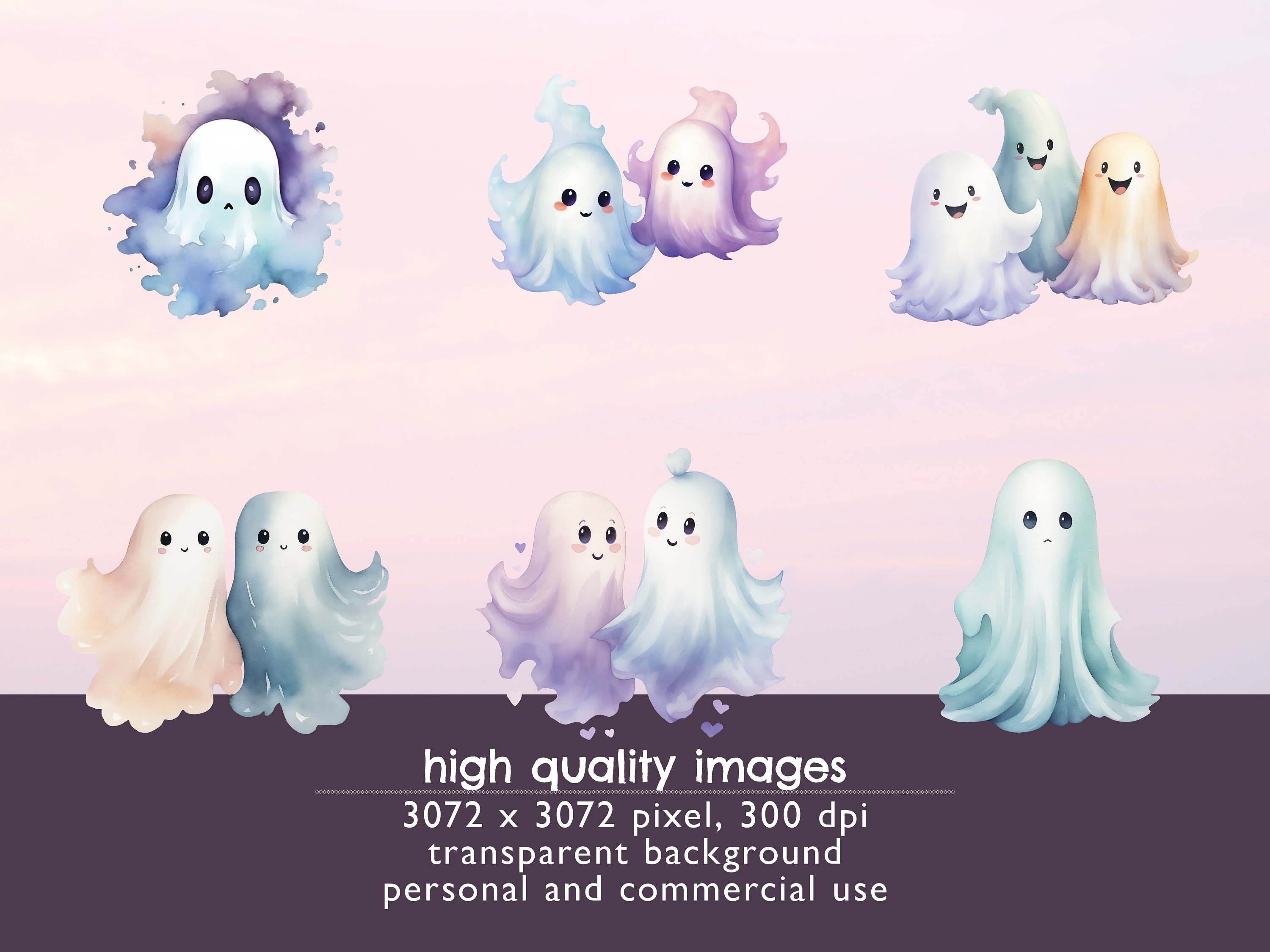 Kawaii Ghosts Watercolor Clip Art Starter Pack – Cute Halloween Art ...