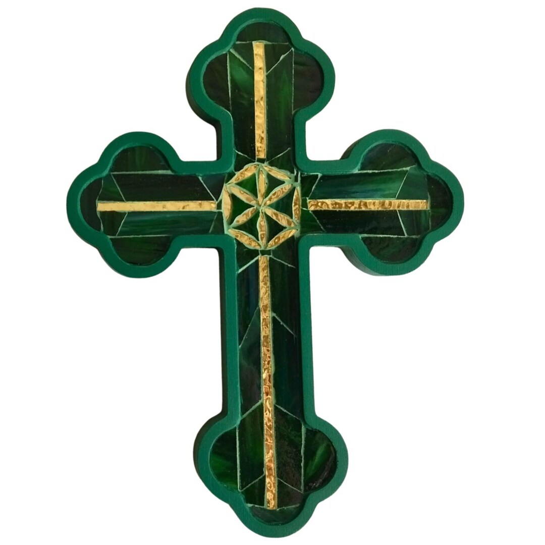 Orthodox Cross Green Wall Art, Mosaic Cross, Religious Gift, Green Gold ...