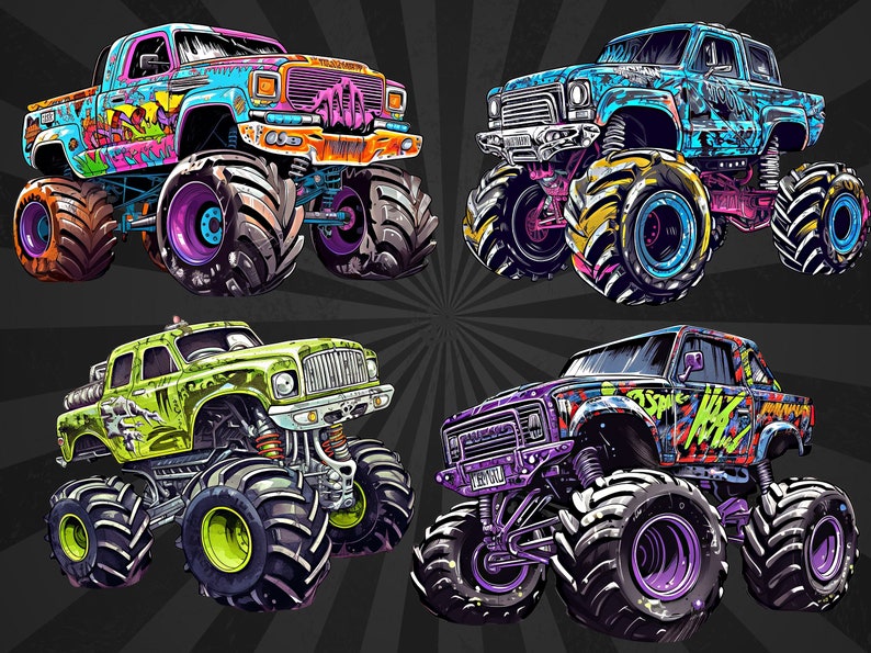 Monster Trucks Clipart Bundle: 20 PNG Images Adrenaline-packed Graphics ...
