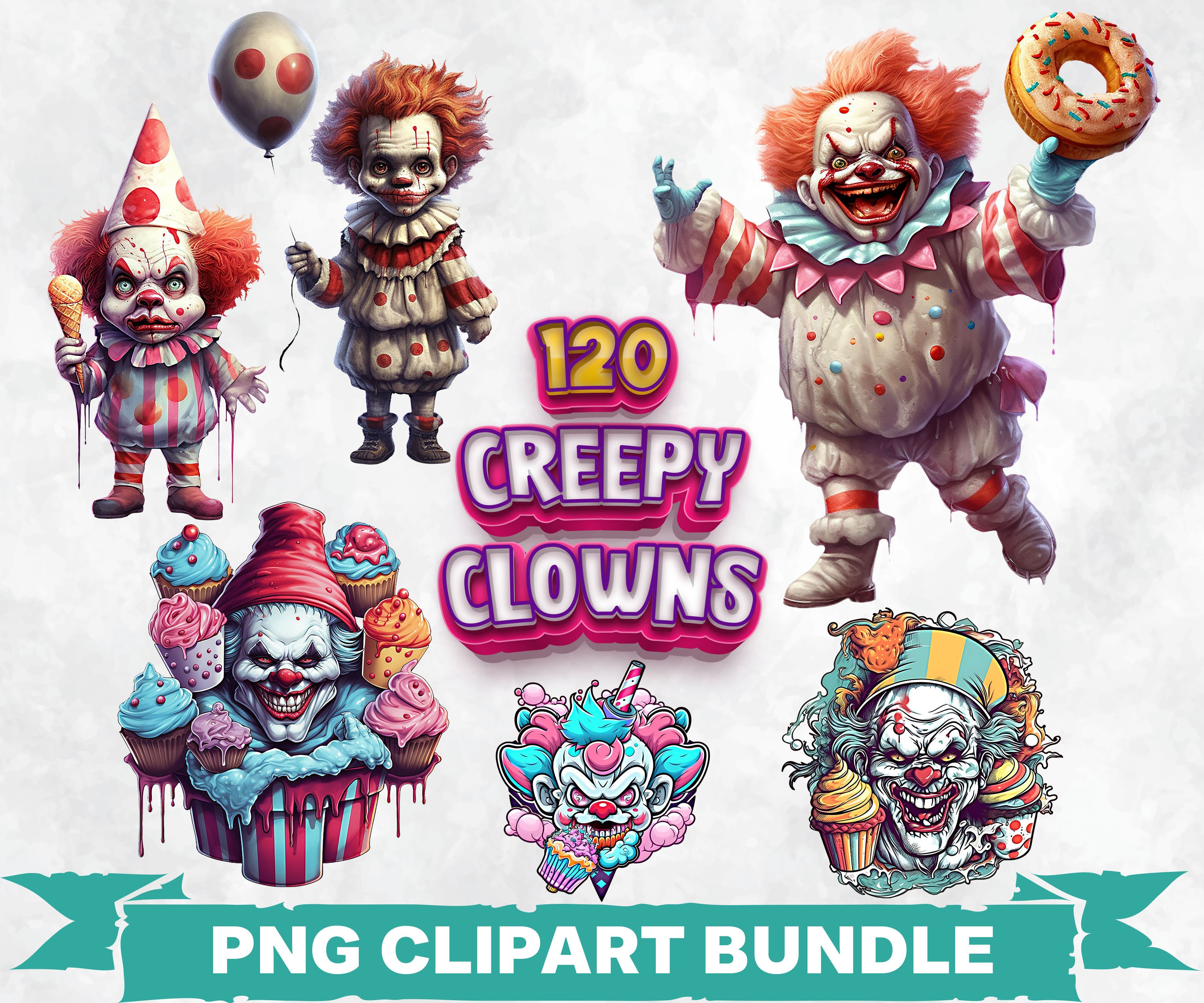 Creepy Clown PNG Clipart Bundle Spooky Characters Sublimation Design ...