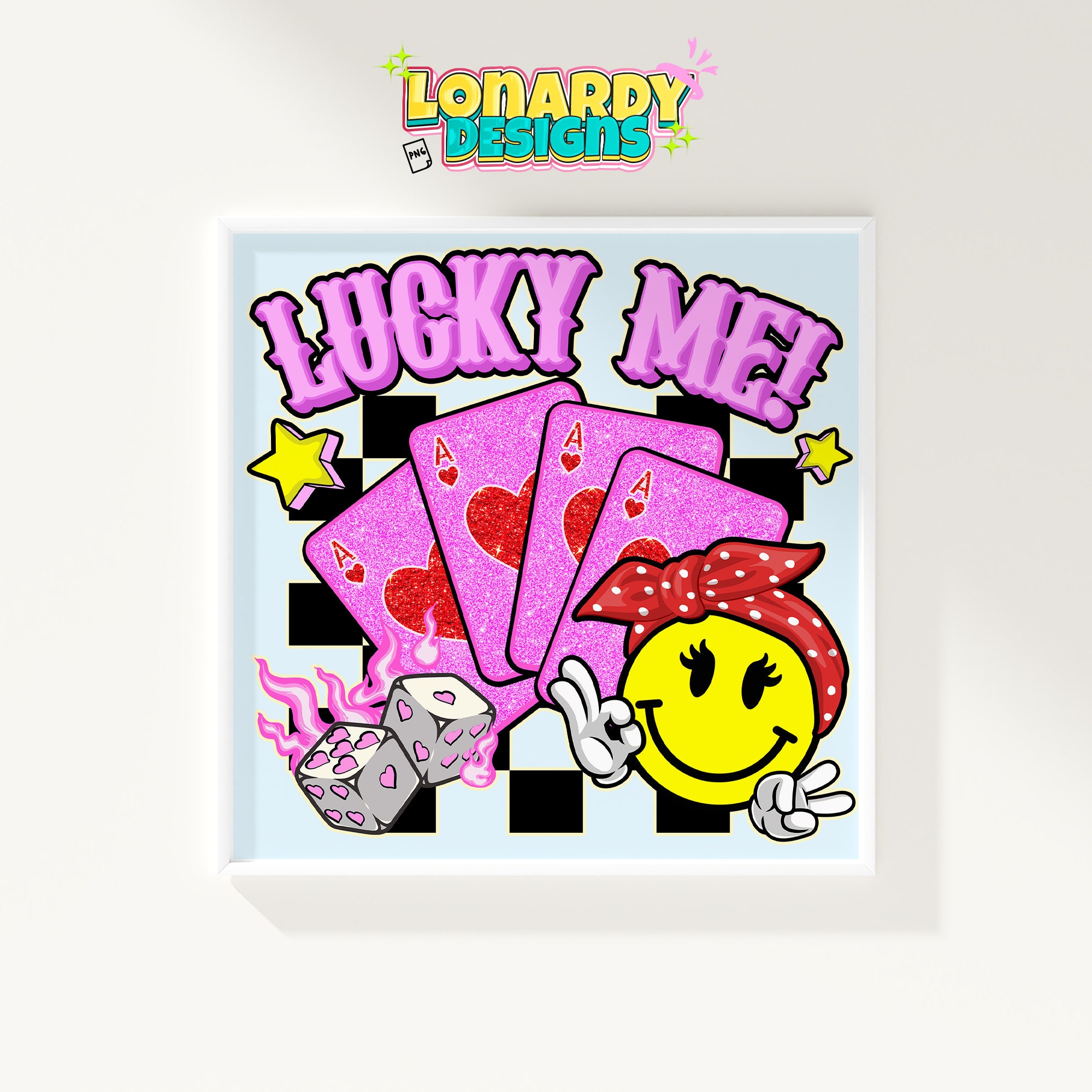 Cute Retro Smiley Lucky Me PNG Faux Glitter Play Cards Sublimation ...