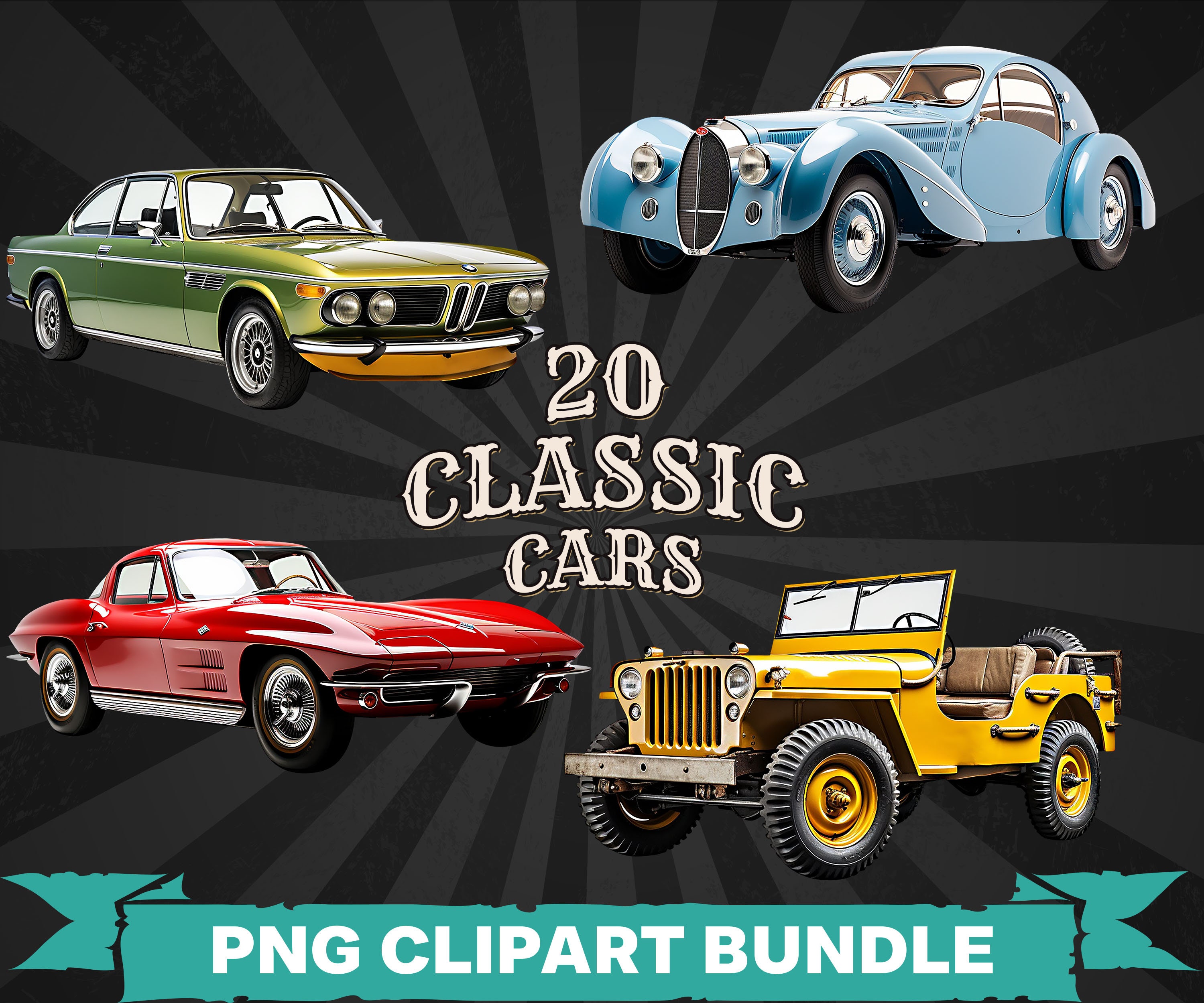 Classic Cars PNG Clipart Bundle PNG Vintage Car Graphics Retro ...