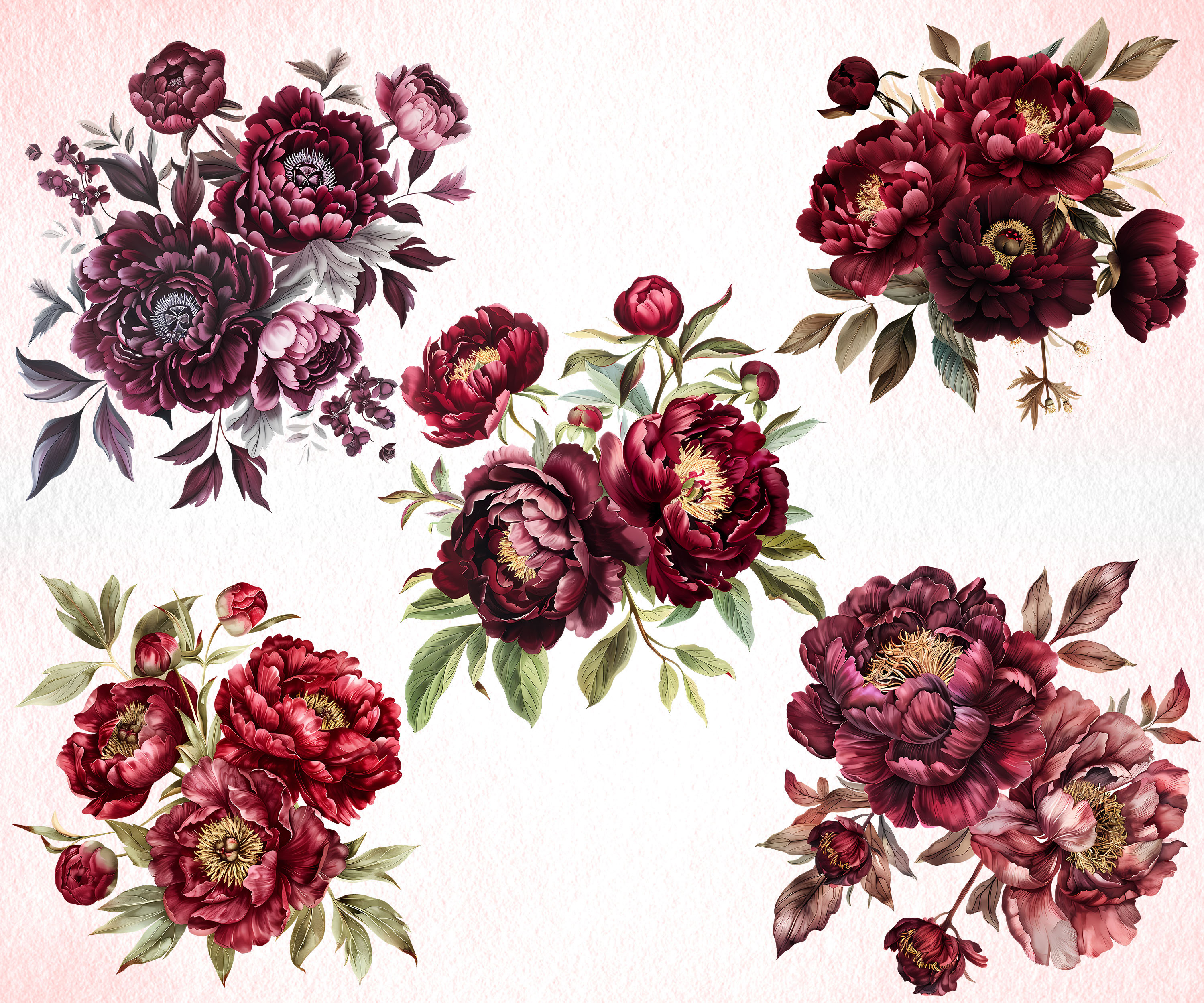 Burgundy Peony Flowers Clipart Bundle Floral PNG Botanical Digital Art ...