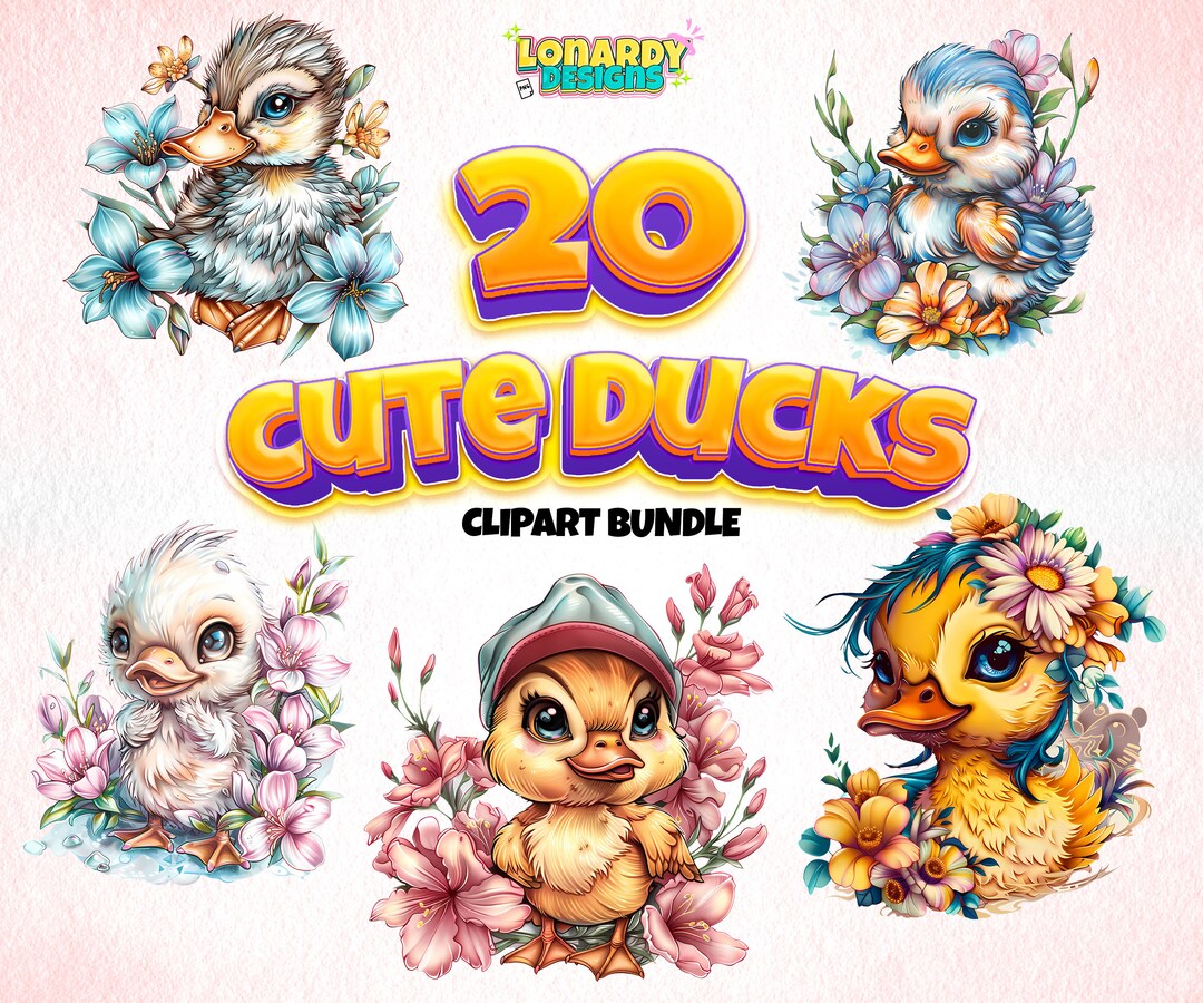 Cute Ducks With Flowers Clipart Bundle PNG Ducklings Printable Nursery ...