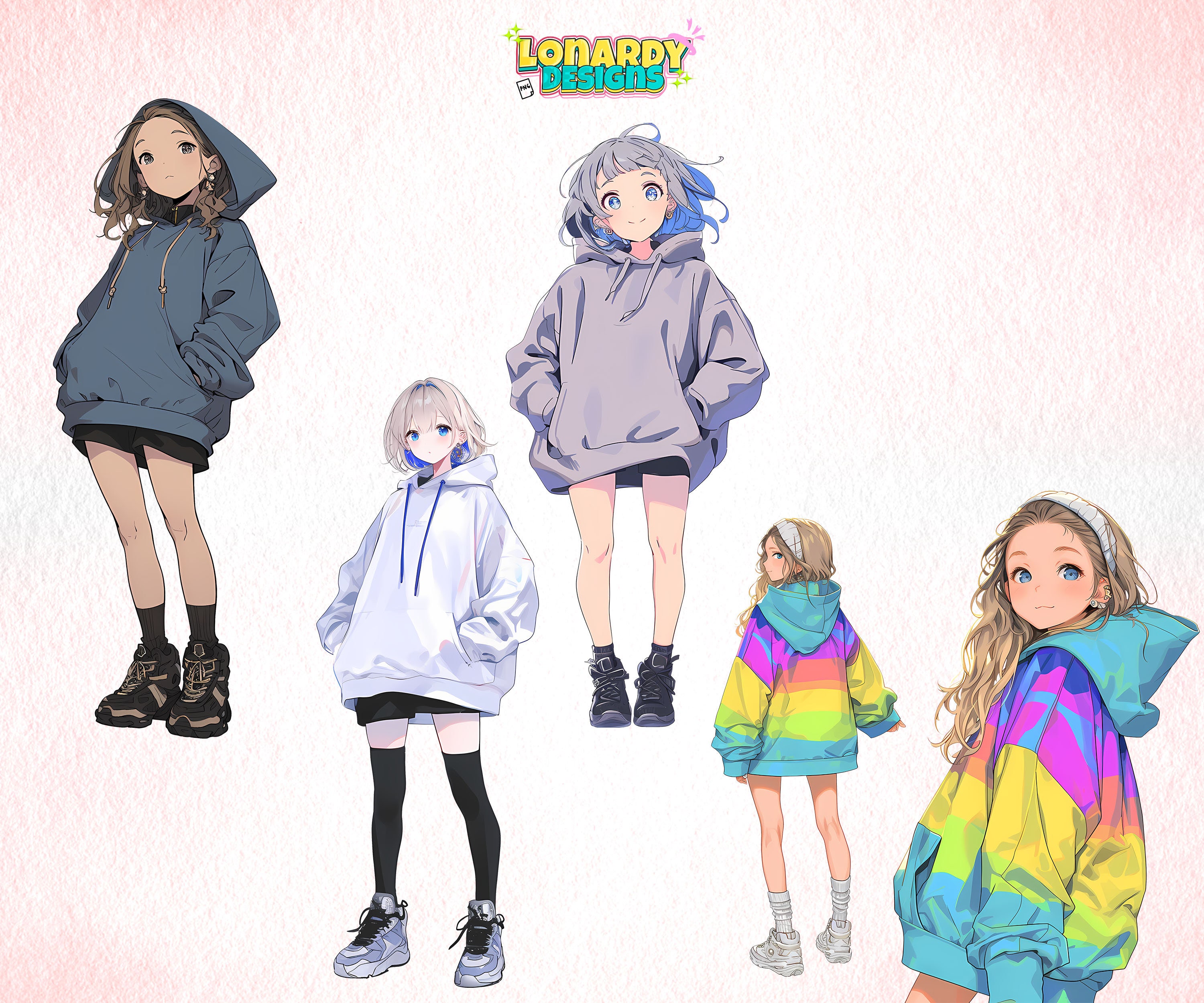 Cute Anime Girls Clipart Bundle PNG Fashionable Anime Characters Set ...