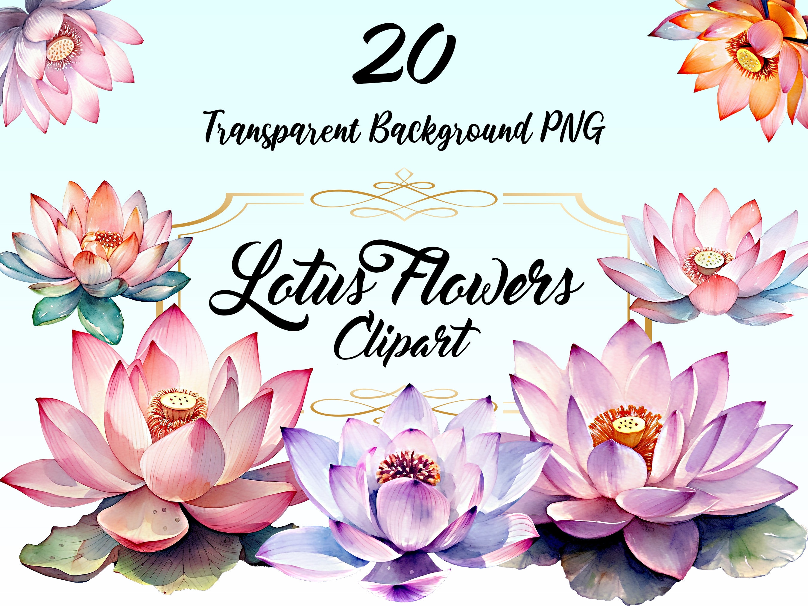 Watercolor Lotus Flower Clipart Bundle Png, Water Lily Printable Image ...