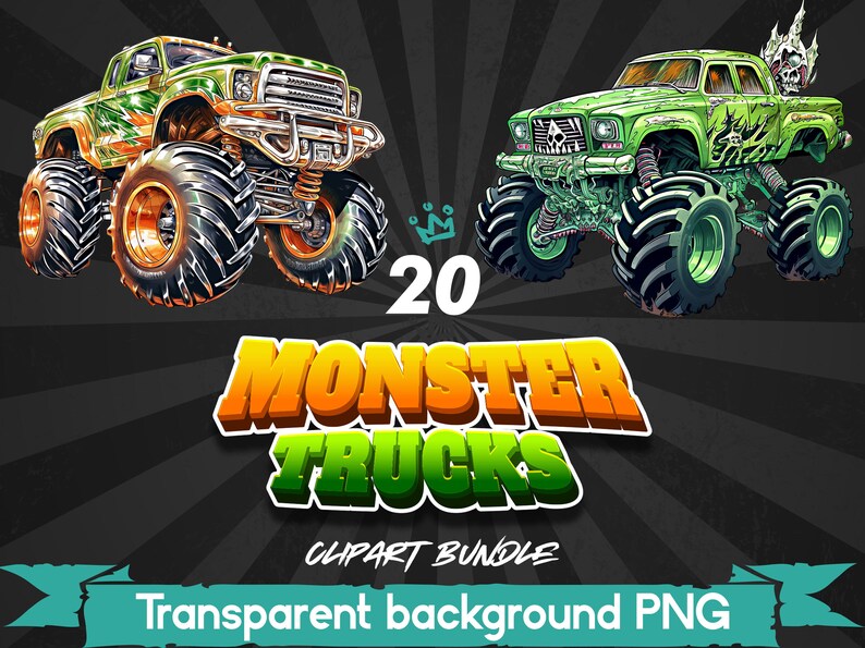 Monster Trucks Clipart Bundle: 20 PNG Images Adrenaline-packed Graphics ...