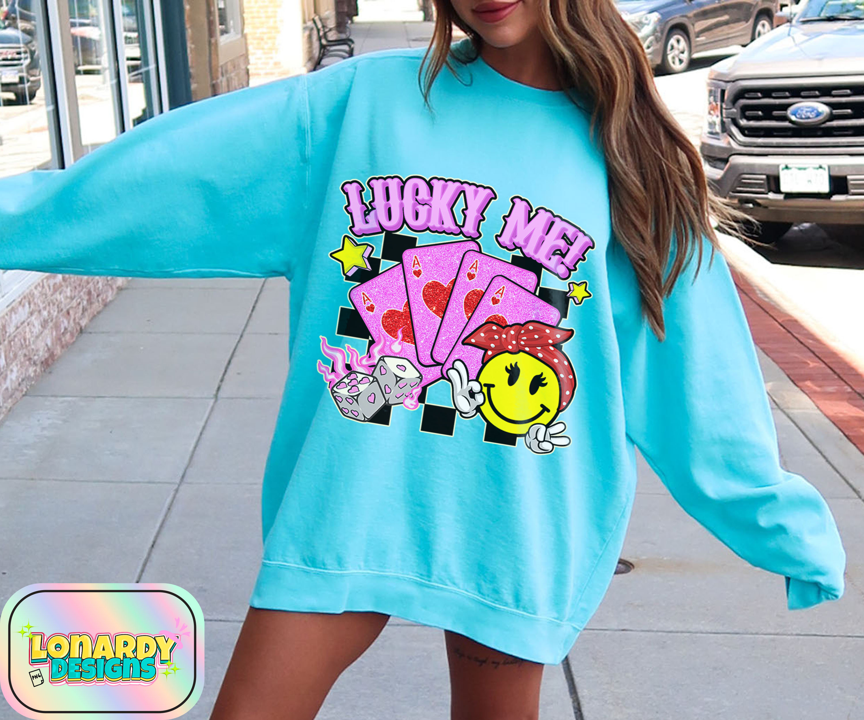 Cute Retro Smiley Lucky Me PNG Faux Glitter Play Cards Sublimation ...